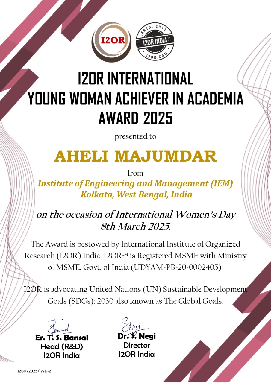 Aheli Majumdar Wins I2OR International Young Woman Achiever Award 2025 - IEM Group